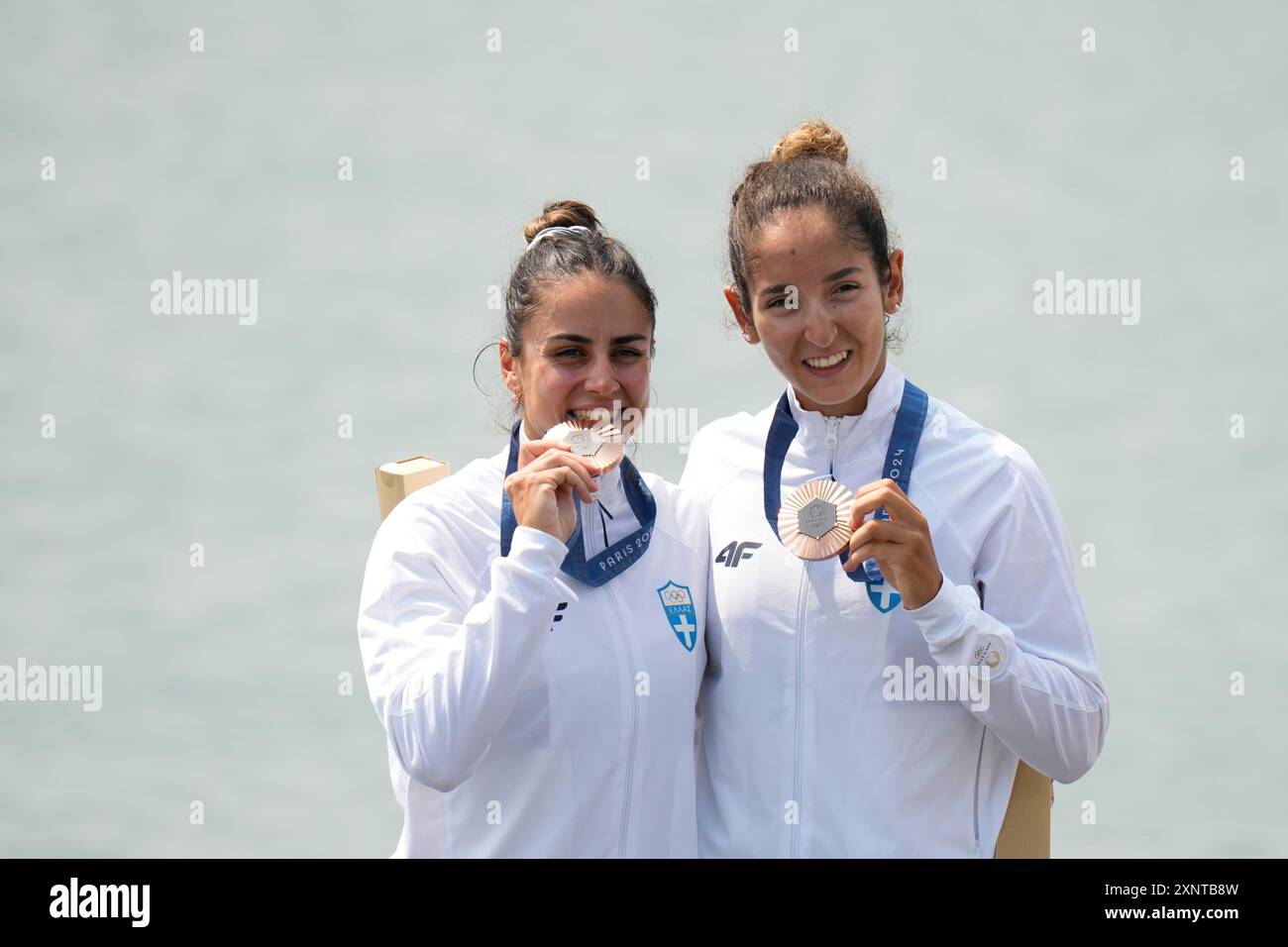 Greece's Dimitra Kontou and Zoi Fitsiou pose with their bronze medals ...