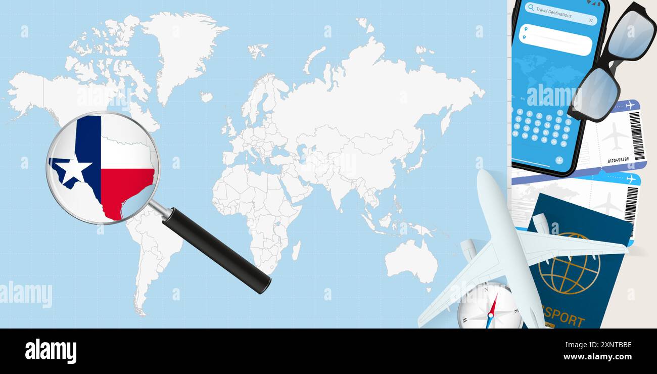 Texas is magnified over a World Map, illustration with airplane ...