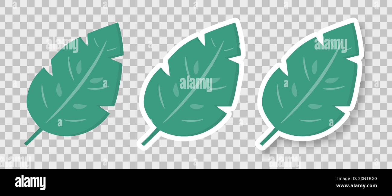 A set of stickers with the image of a green leaf on a transparent ...