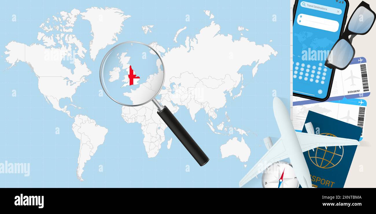 England is magnified over a World Map, illustration with airplane ...