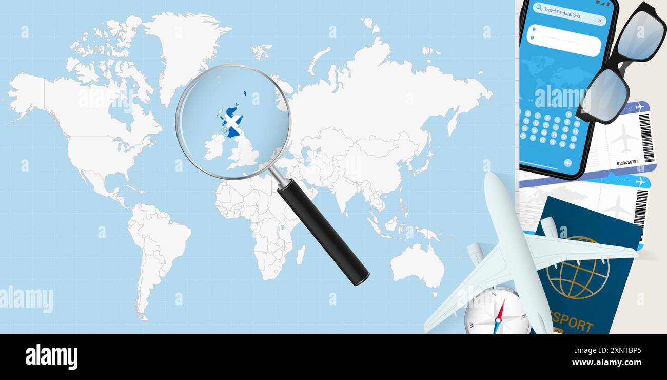 Scotland is magnified over a World Map, illustration with airplane ...