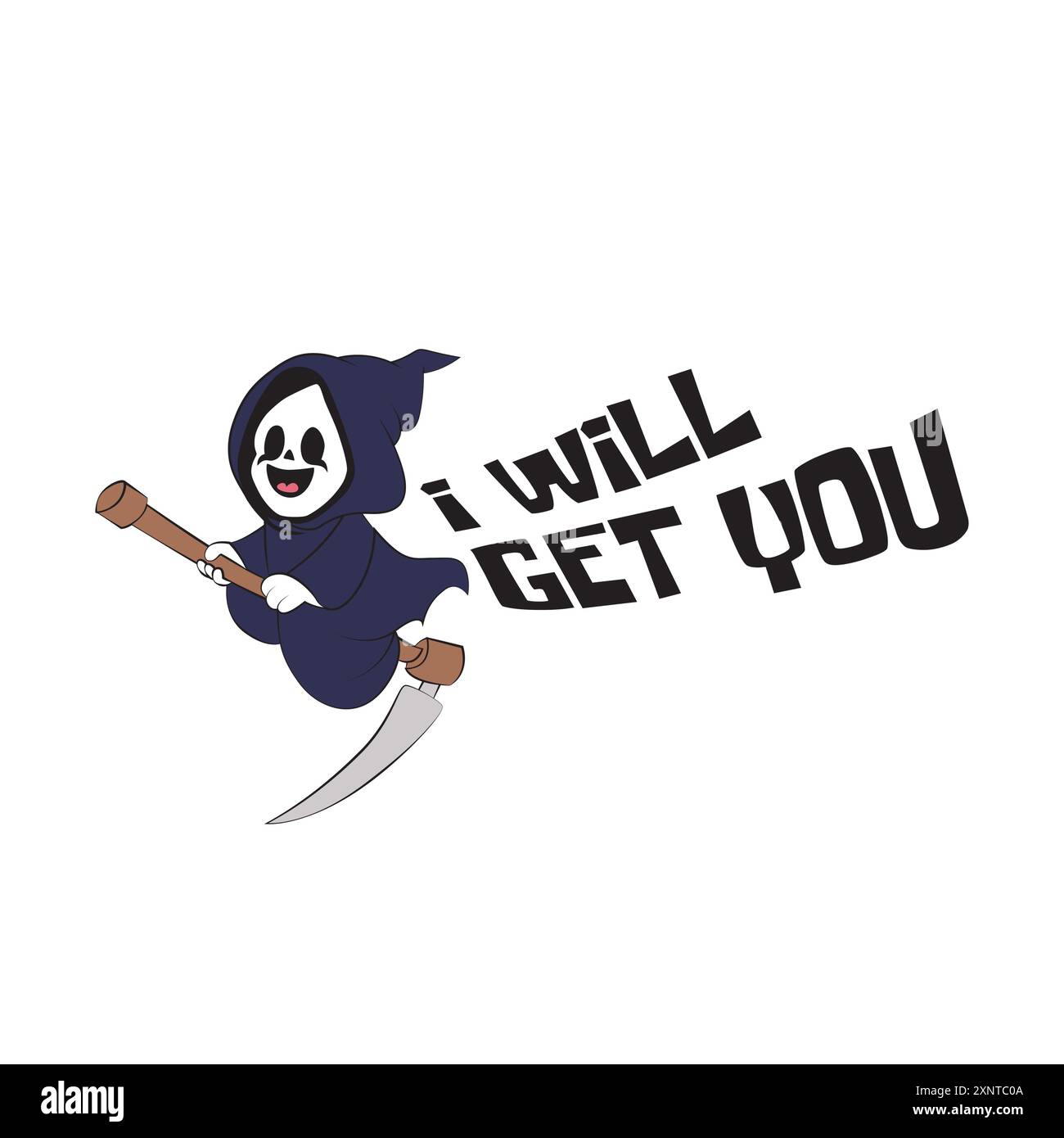 Cute happy grim reaper cartoon riding on its scythe with a funny quote ...