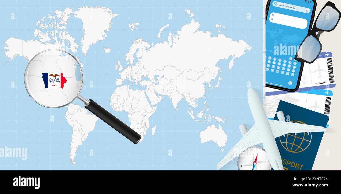 Iowa is magnified over a World Map, illustration with airplane ...