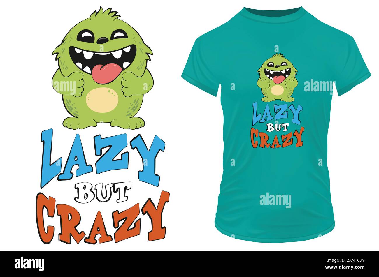 Cute monster cartoon with funny quote lazy but crazy. Vector ...
