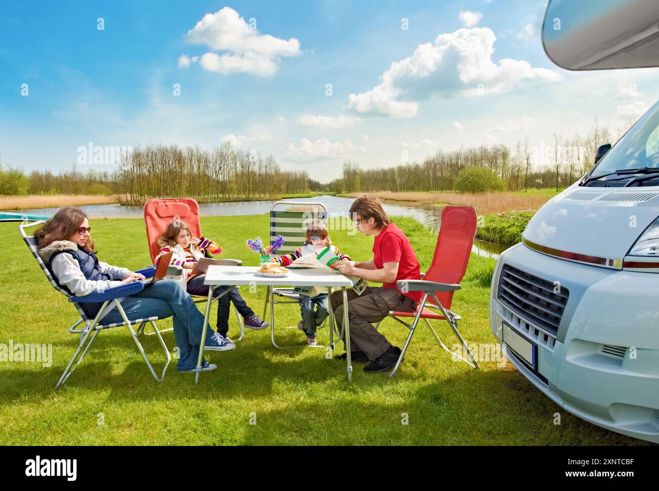 Family vacation, RV travel with kids, happy parents with children have ...