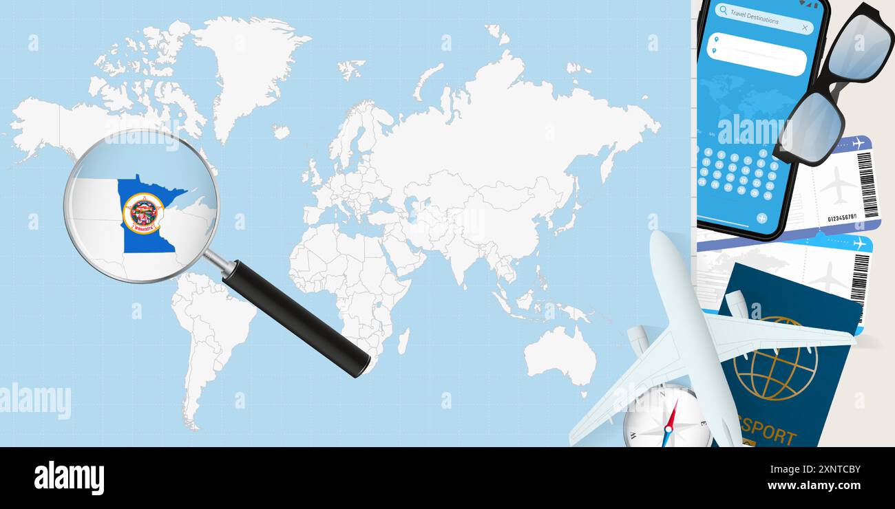 Minnesota is magnified over a World Map, illustration with airplane ...