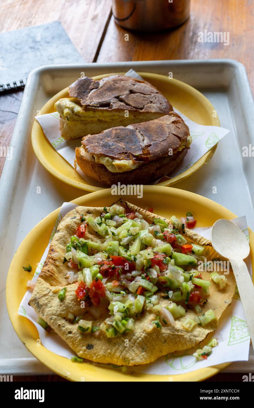 Indian snack masala papad and bun maska served at a roadside café in ...