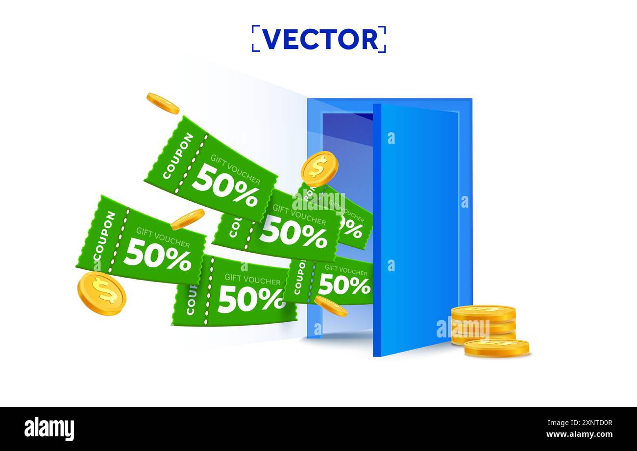 3d coupons flying out of a door with golden coins, isolated on white ...