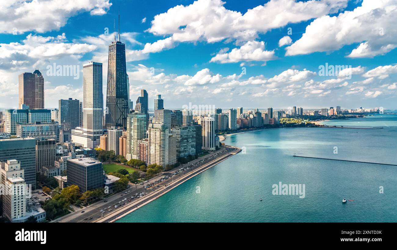 Chicago skyline aerial drone view from above, city of Chicago downtown ...