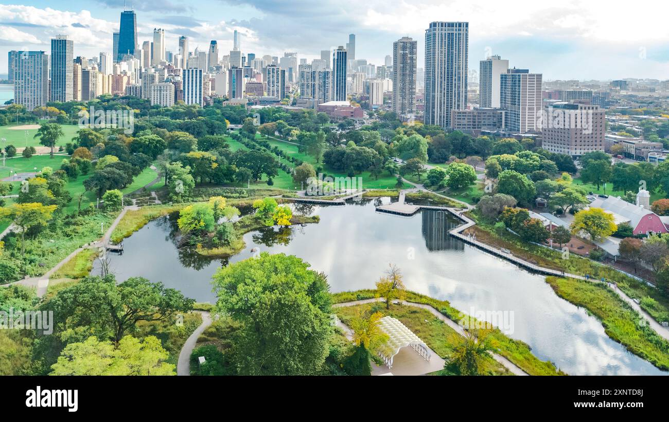 Chicago skyline aerial drone view from above, lake Michigan and city of ...