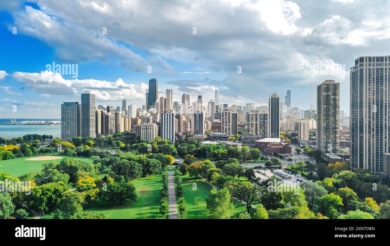 Chicago skyline aerial drone view from above, lake Michigan and city of ...