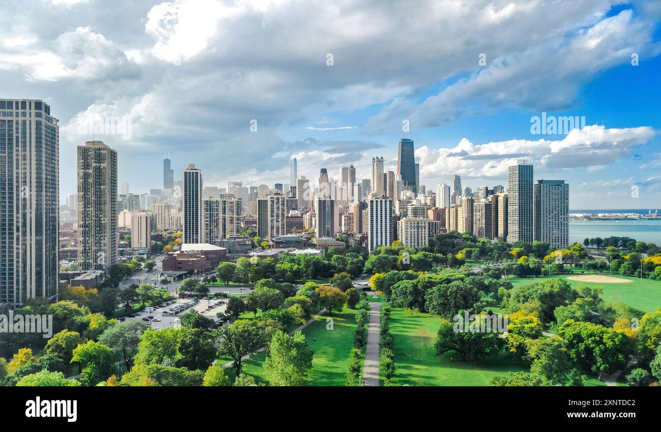 Chicago skyline aerial drone view from above, lake Michigan and city of ...