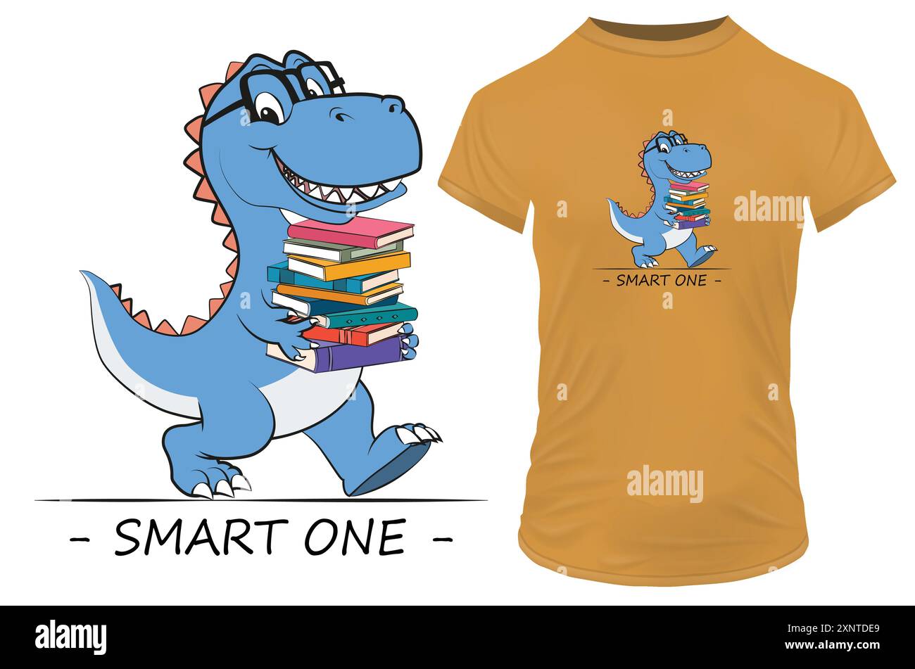Funny cartoon of a happy smart dinosaur walking with books in hands ...