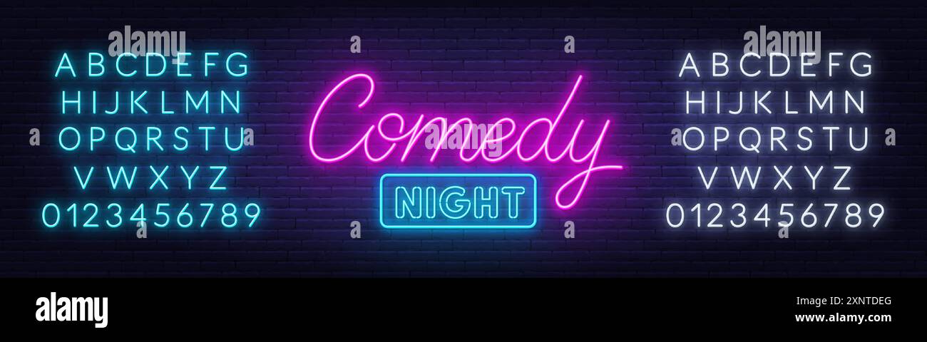 Comedy Night Sign on brick wall background. Light logo on humor event ...