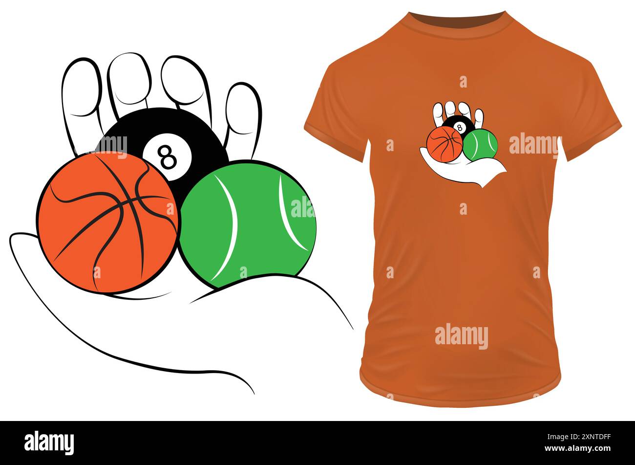 Cartoon human hand with Basketball, tennis ball and snooker ball in it ...