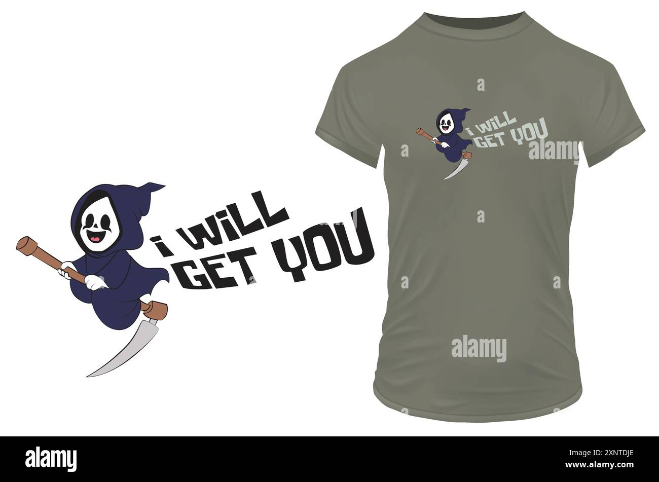 Cute happy grim reaper cartoon riding on its scythe with a funny quote ...