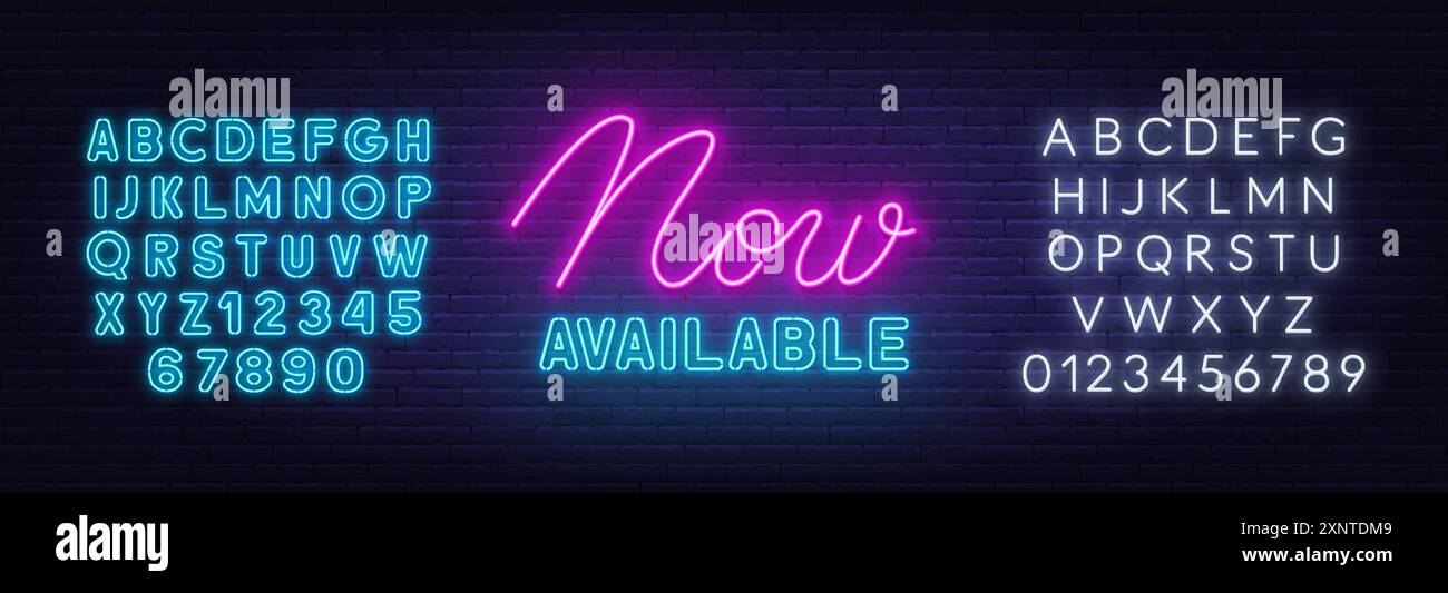 Now Available Neon Sign on brick wall background. Blue and white neon ...