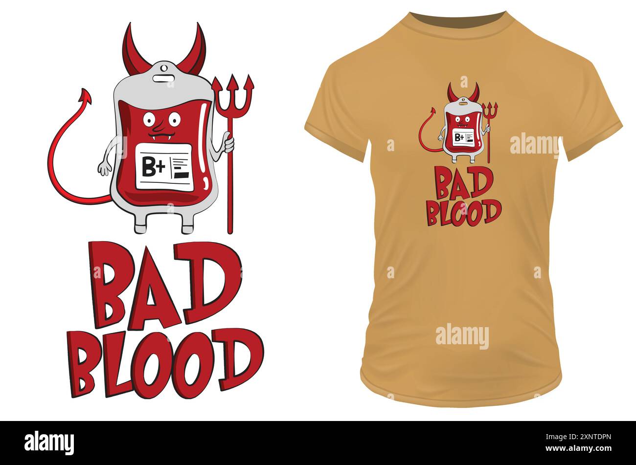 Blood bag with devil horns and a funny quote. Bad blood. Funny Vector ...