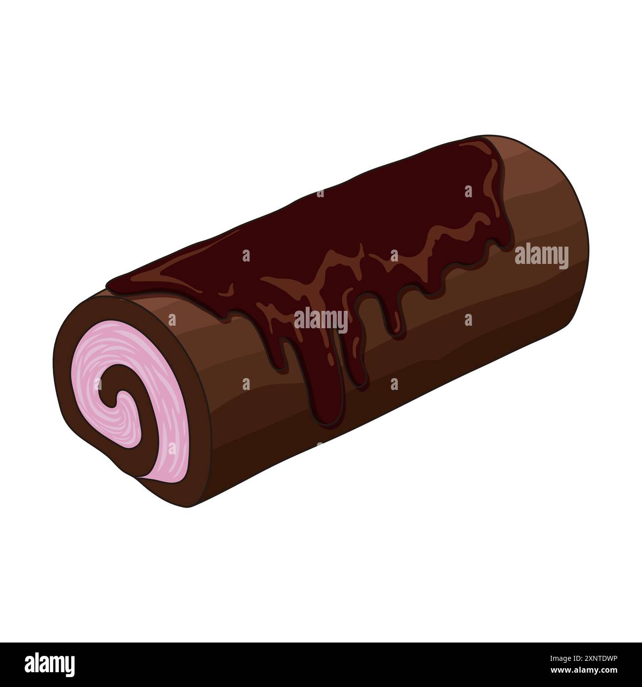 Sweet chocolate syrup flowing over a roll cake with strawberry jam ...