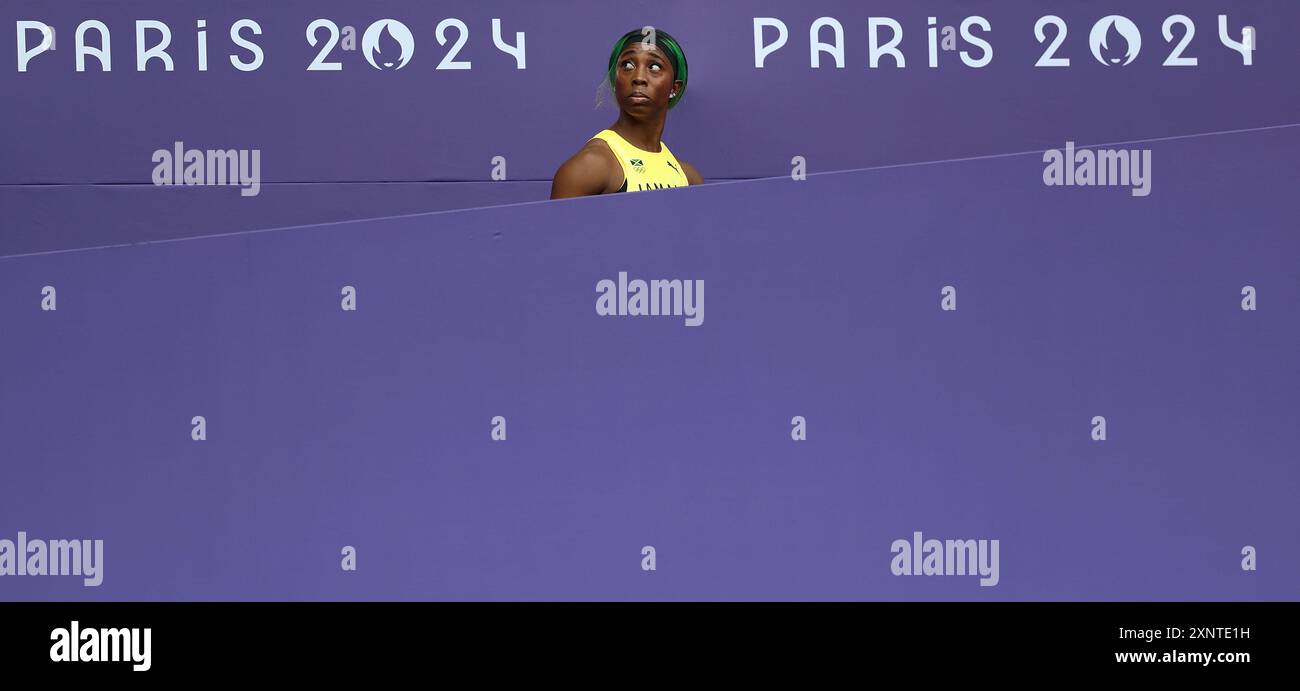 Paris, France. 2nd Aug, 2024. Shelly-Ann Fraser-Pryce of Jamaica reacts after the women's 100m ...