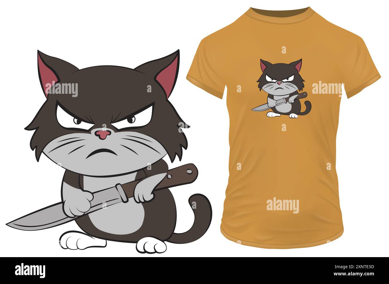 Cute angry kitten cartoon with a knife. Vector illustration for tshirt ...