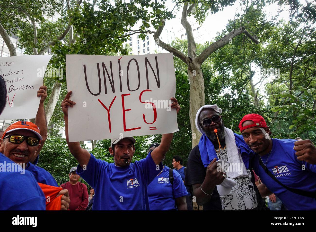New York, NY, USA. 1st Aug, 2024. Construction workers protest in front ...