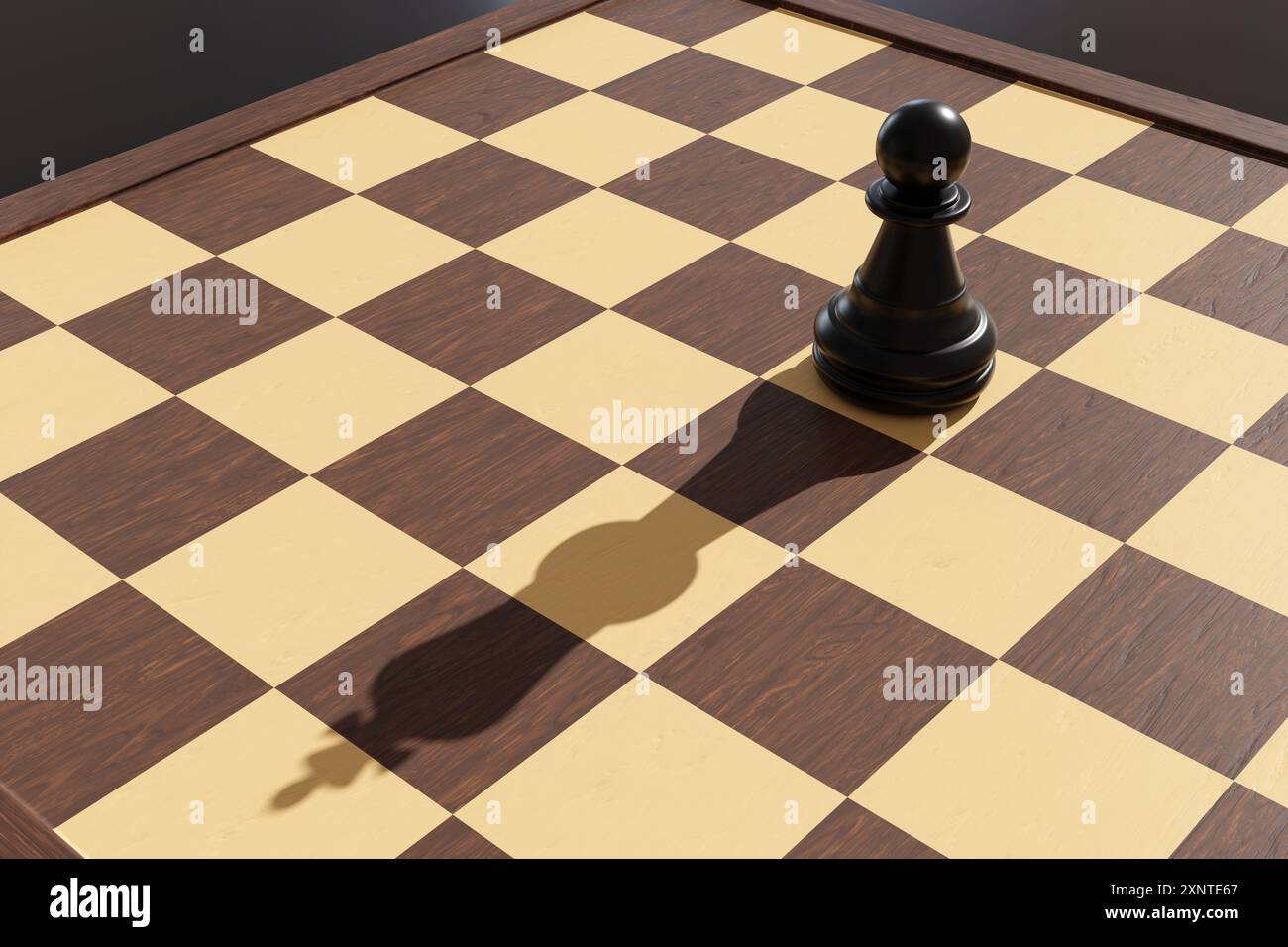 Black pawn on a chess board projecting a shadow of the king piece ...