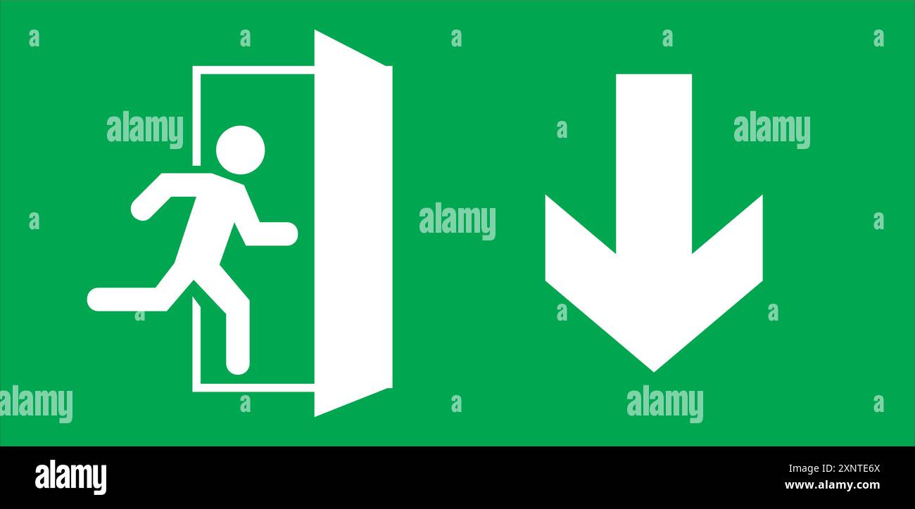 Emergency exit sign, running man icon to door, warning sign plate ...