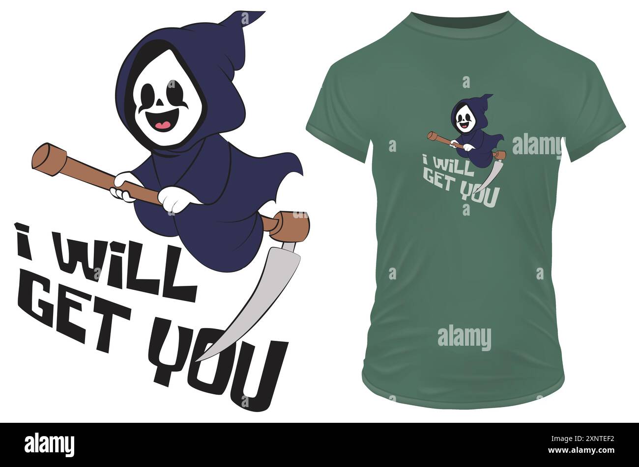 Cute happy grim reaper cartoon riding on its scythe with a funny quote ...