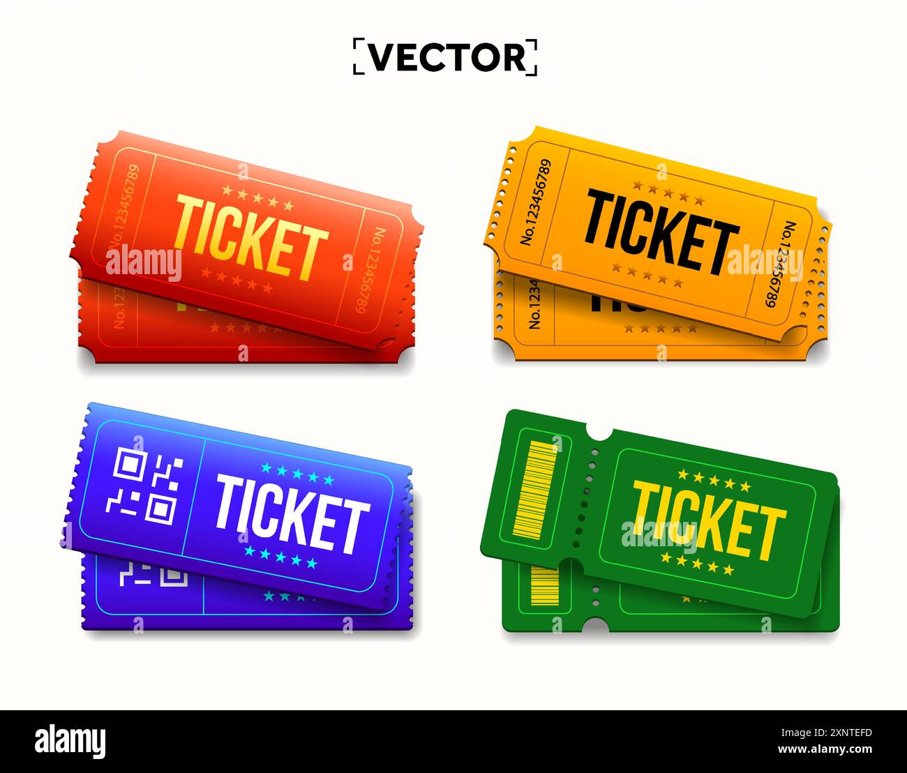 3d ticket template set in different color with QR code, bar code ...