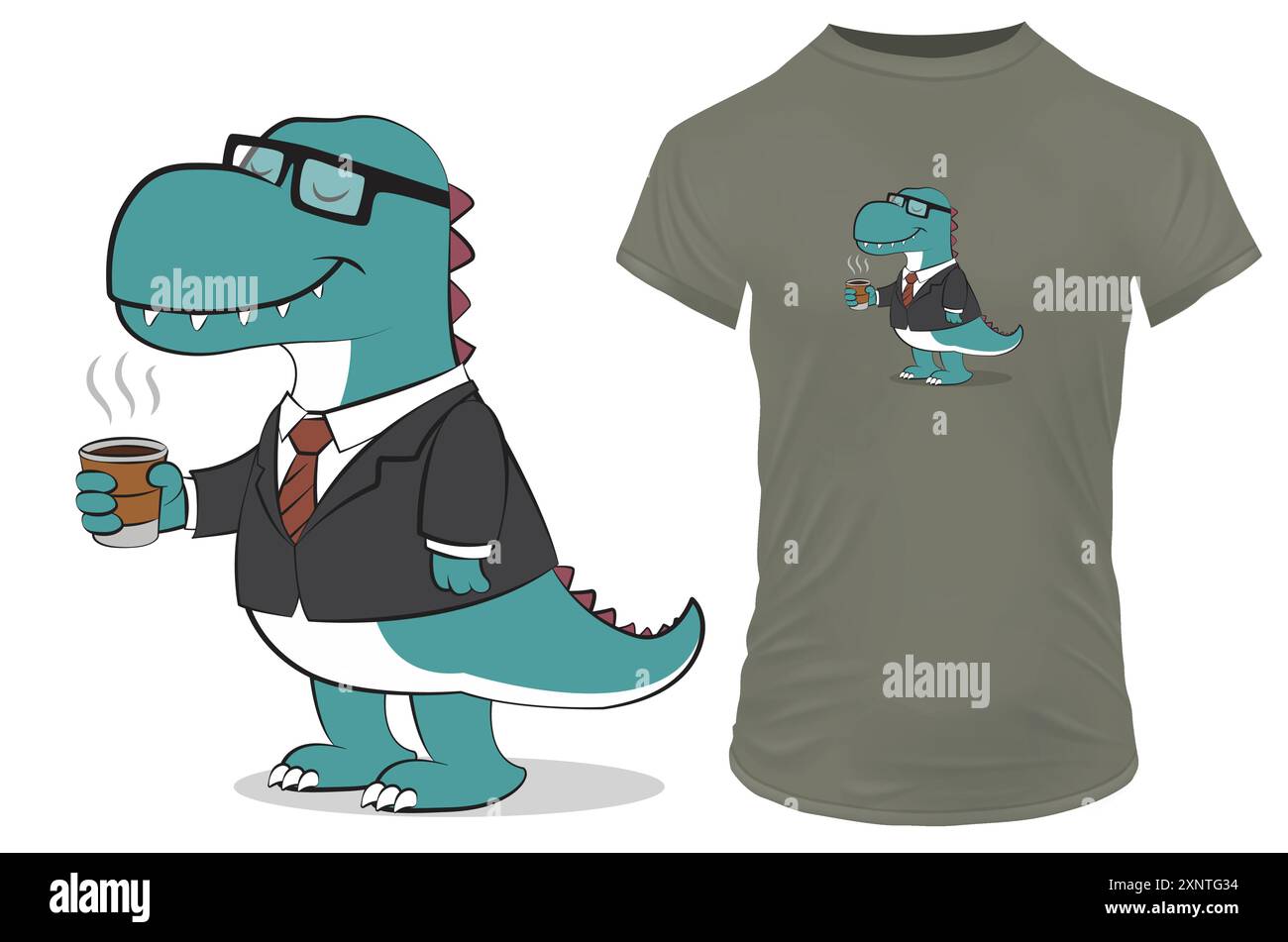 Cute T-rex dinosaur in a business outfit and having a cup of coffee ...