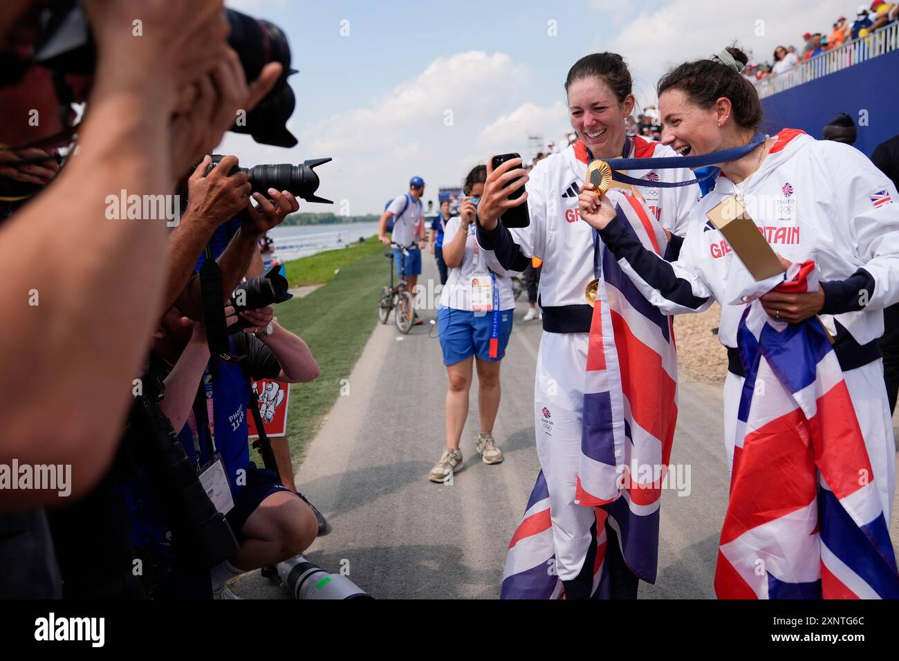 Britain's Emily Craig and Imogen Grant talk on the phone after they won ...