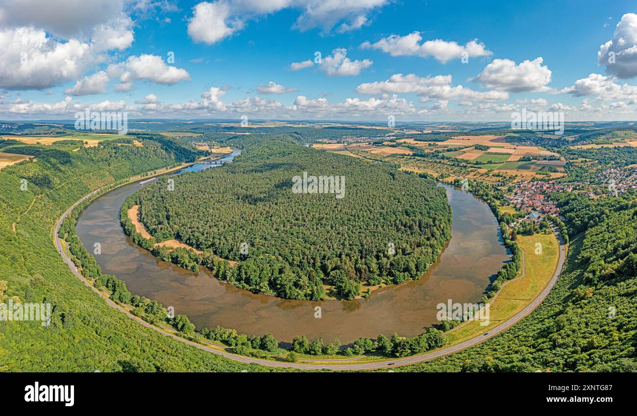 An aerial panoramic view of the river Main loop in Germany with village ...