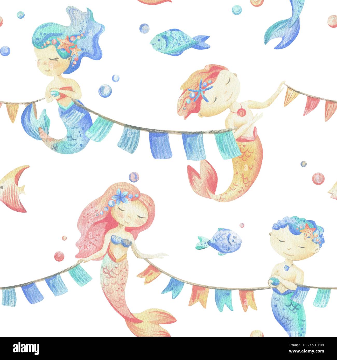 Mermaids is a little girl and boy with flags garland festive ...