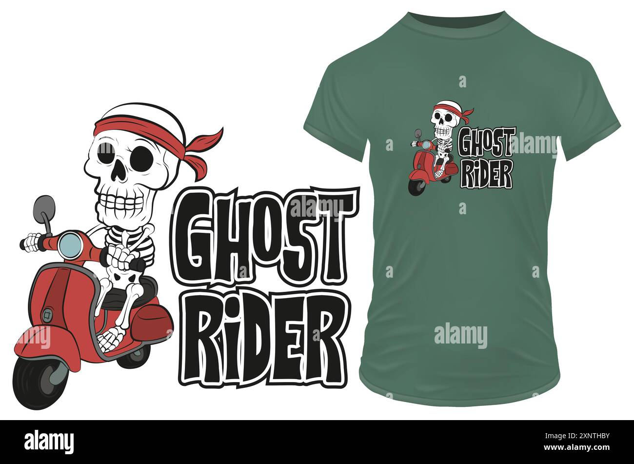 Funny skeleton cartoon in bandana riding a red scooter with a quote ...