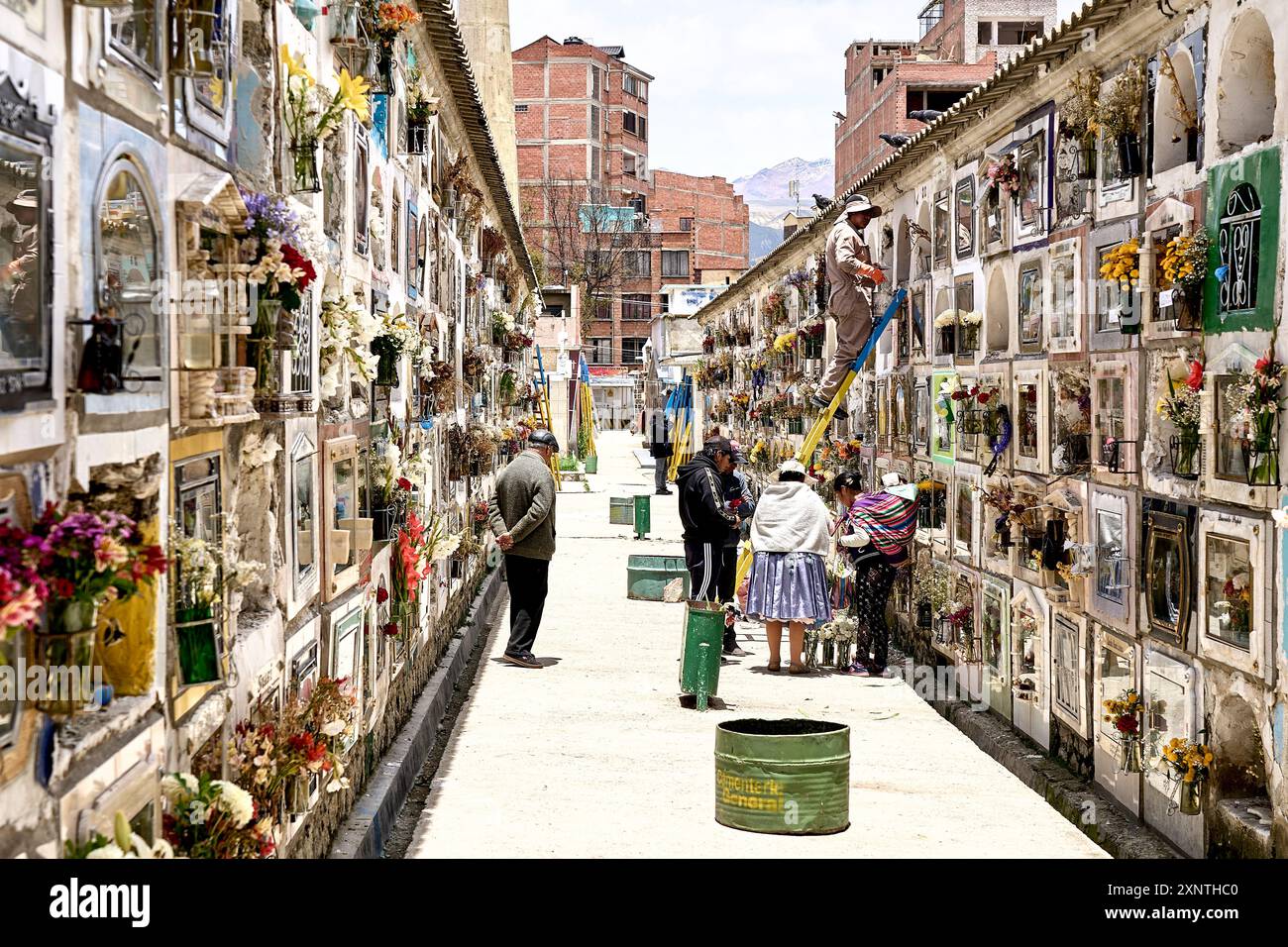 People are visiting and maintaining graves in a cemetery alleyway ...