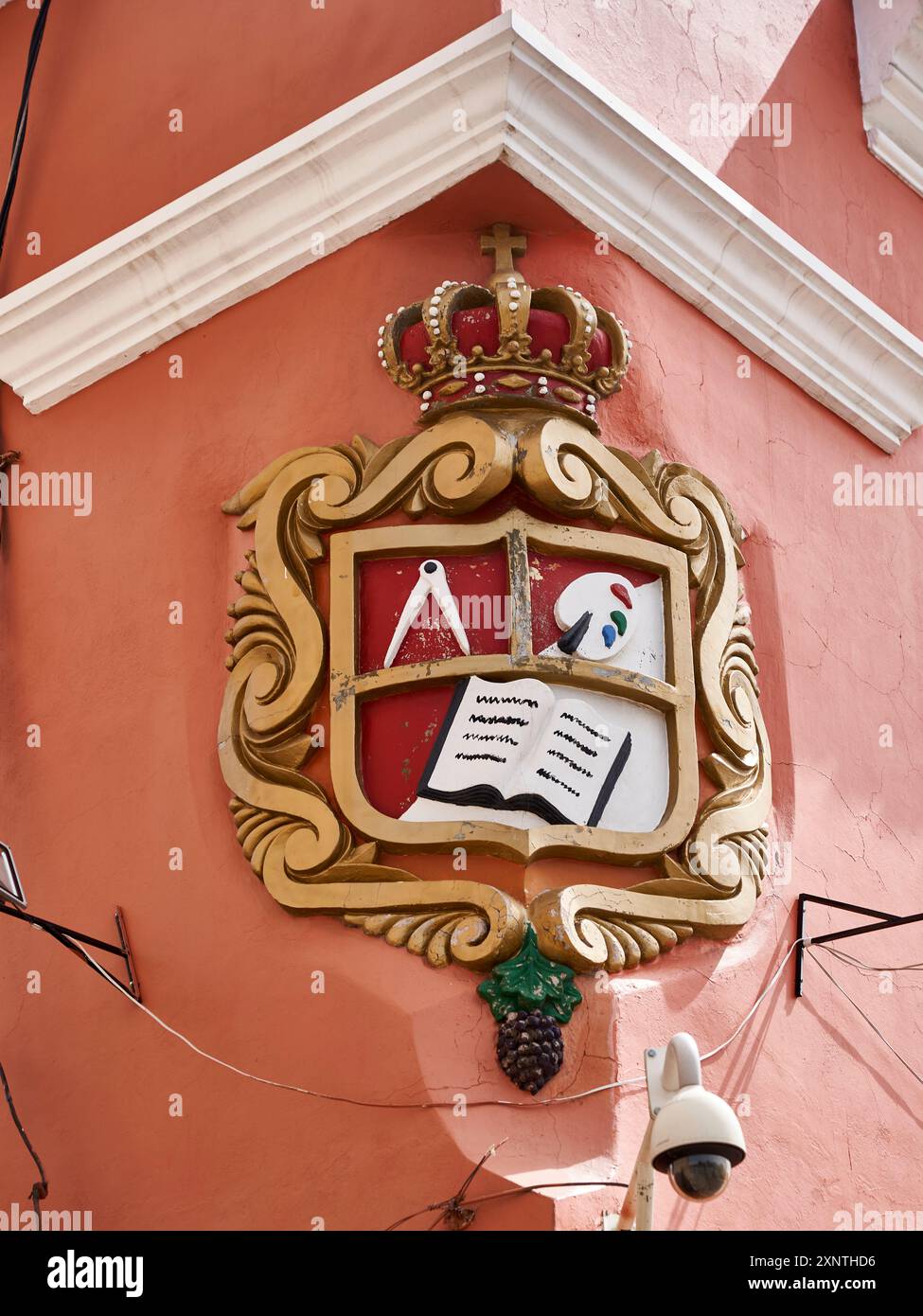 Close-up image of a detailed historic coat of arms mounted on a peach ...