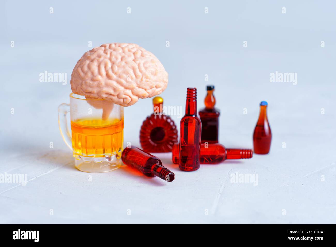 Anatomical brain model atop a beer mug, surrounded by bottles of ...