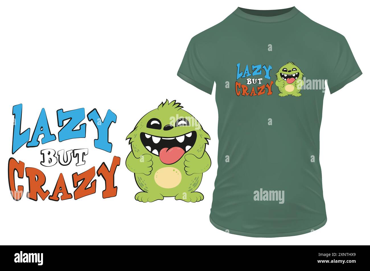 Cute monster cartoon with funny quote lazy but crazy. Vector ...