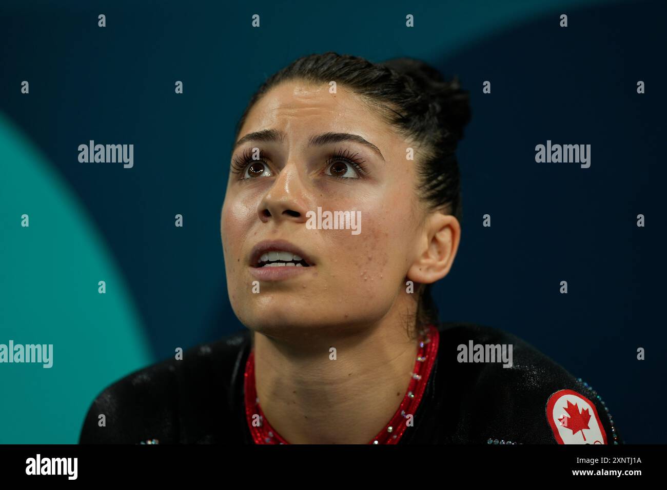 Sophiane Methot of Canada waits for her scores during the women's ...