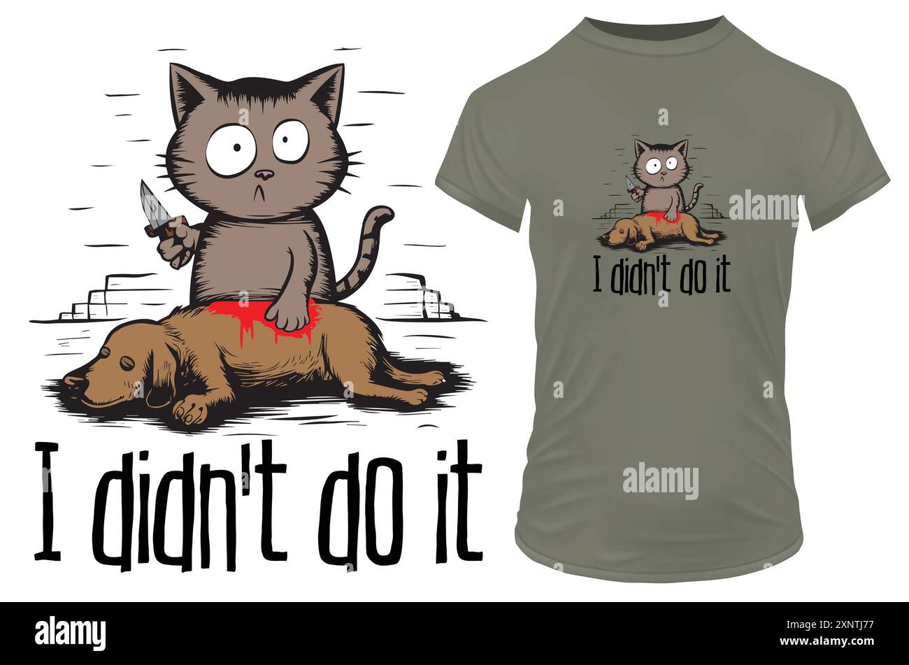 Drawing of an angry moody cat holding knife over dead dog's body ...