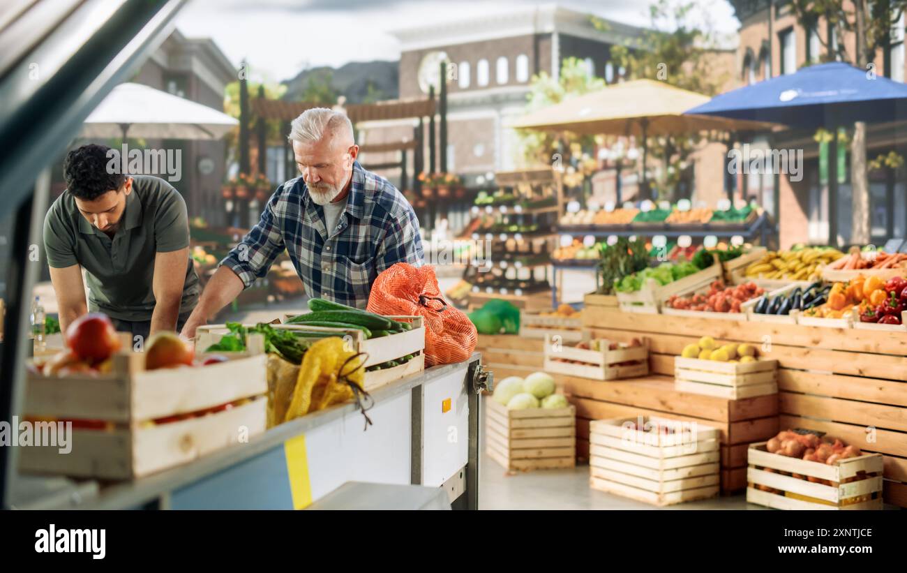 Team of Multiethnic Farmers Preparing Food Stalls for Selling Fresh ...