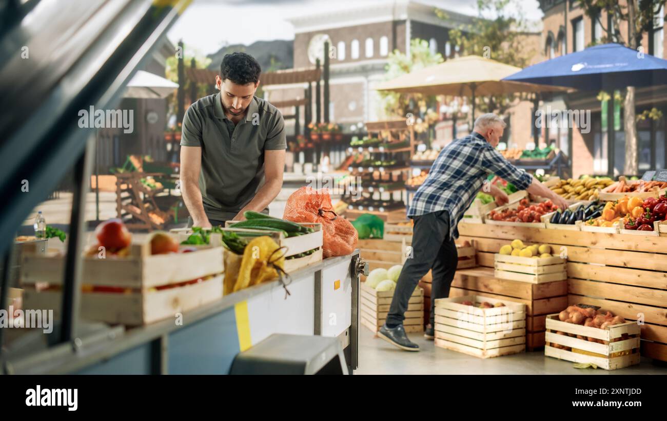 Team of Multiethnic Farmers Preparing Food Stalls for Selling Fresh ...