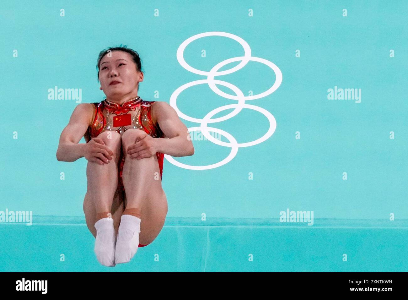 Yicheng Hu of China performs during the women's trampoline finals in Bercy Arena at the 2024 ...