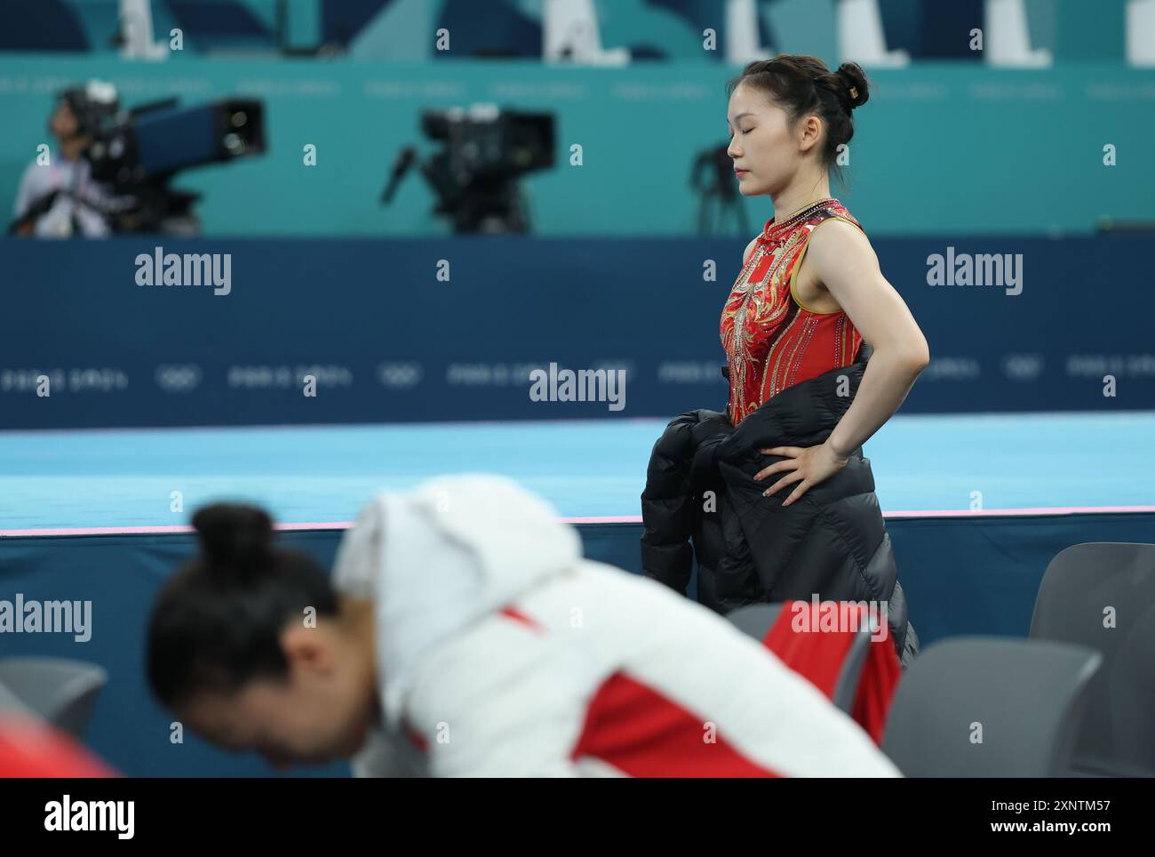 Paris, France. 2nd Aug, 2024. Hu Yicheng of China reacts during the women's final of trampoline ...