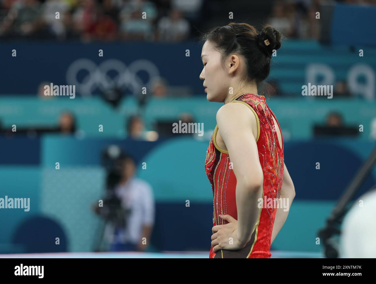Paris, France. 2nd Aug, 2024. Hu Yicheng of China reacts during the women's final of trampoline ...