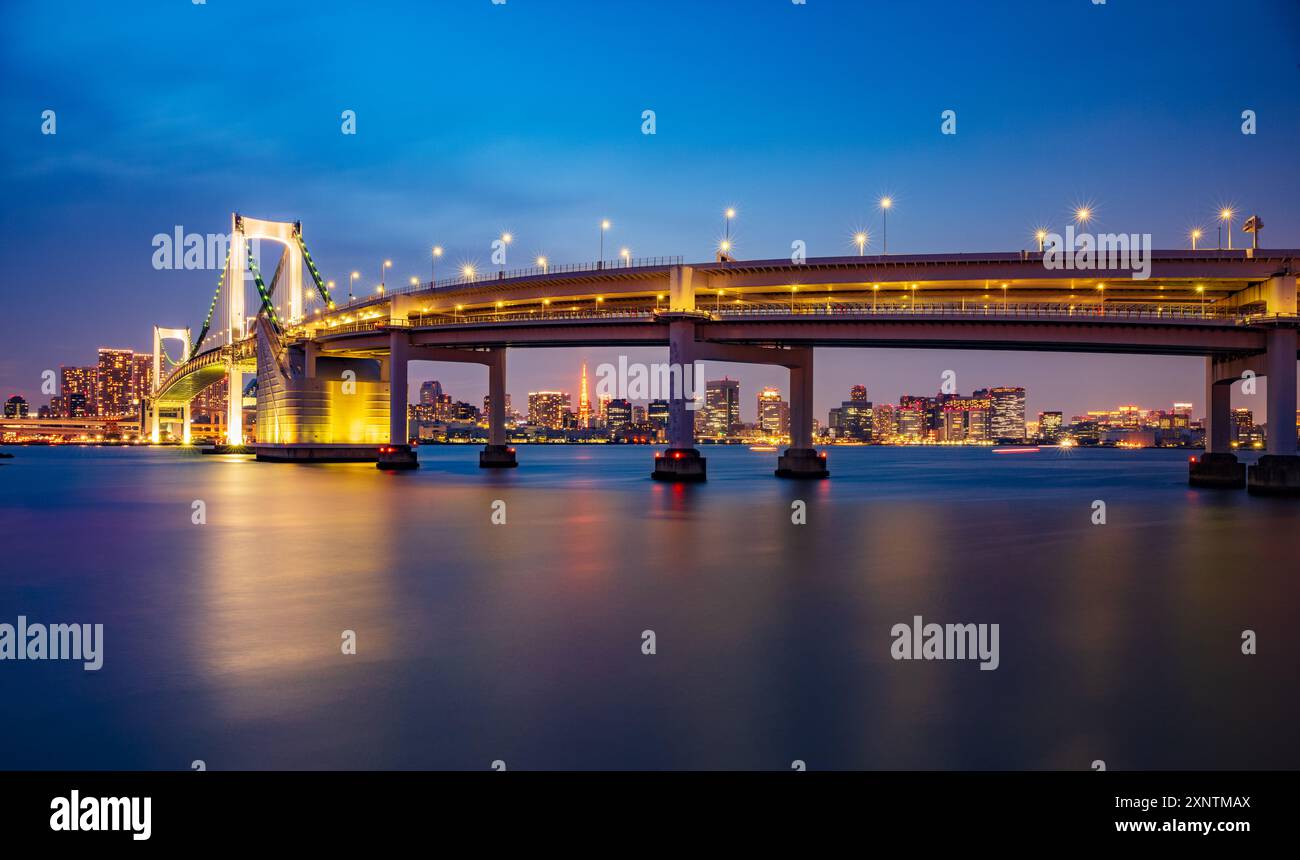 Panorama of Rainbow Bridge at night, Tokyo, Japan Stock Photo - Alamy