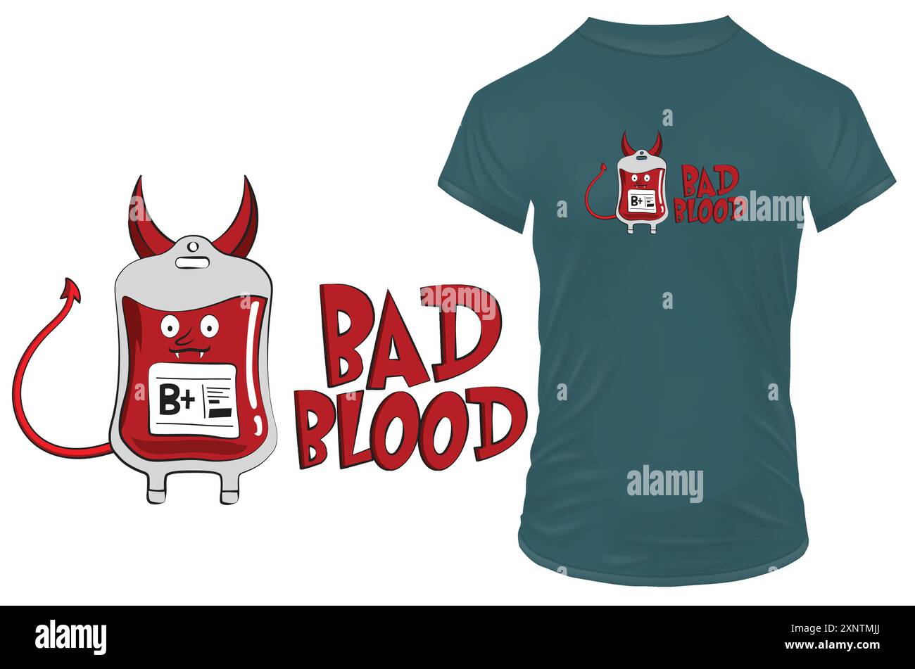 Blood bag with devil horns and a funny quote. Bad blood. Funny Vector ...