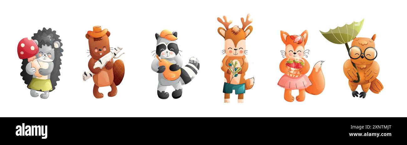 Children cute animals isolated on white background. Forest animals ...