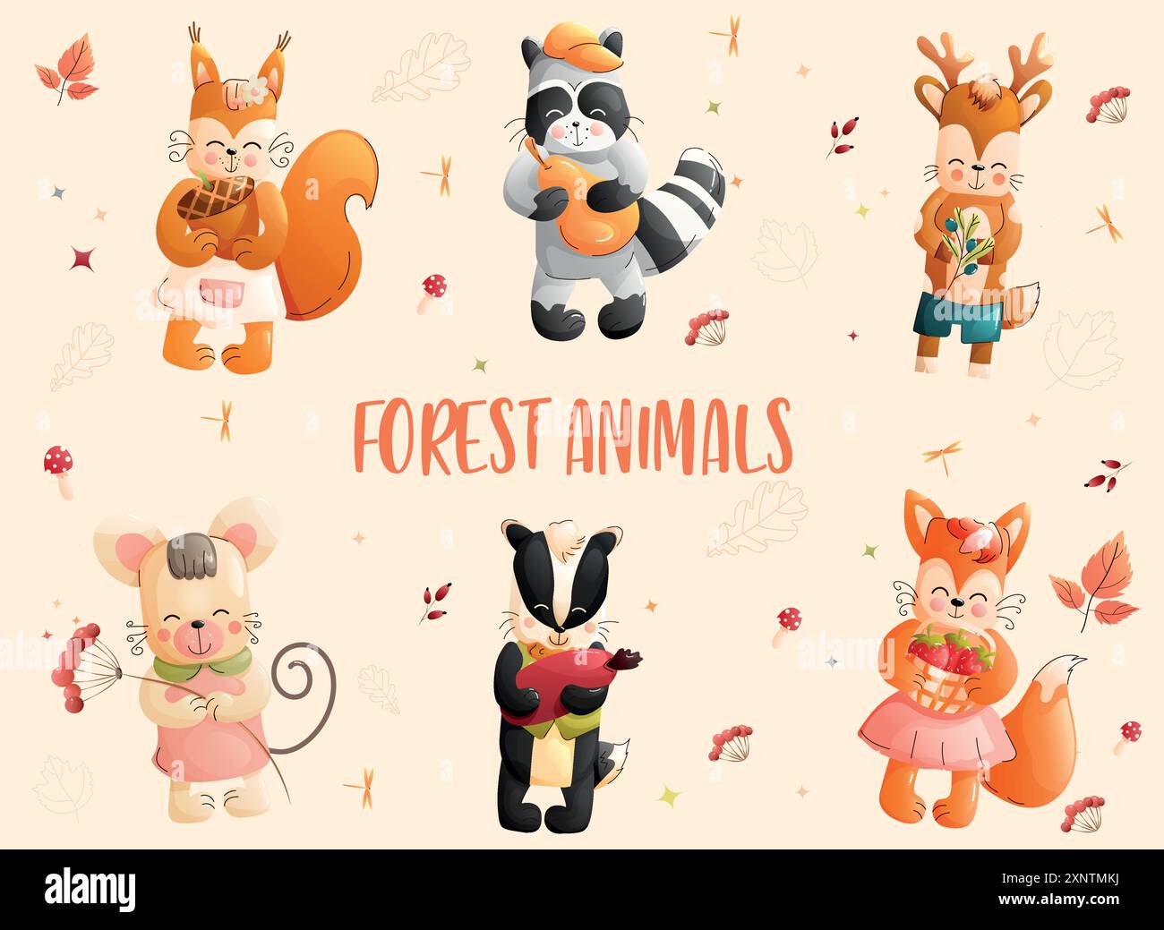 Children cute animals set featuring a squirrel, raccoon, deer, mouse ...